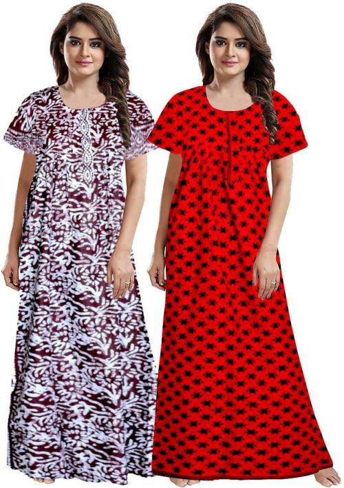 Buy Mudrika Women Multicolor Printed Pure Cotton Pack of 2 Nighty ...
