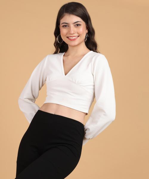 Buy Popwings Women Casual Self Design White Deep V Neck Full Sleeve ...