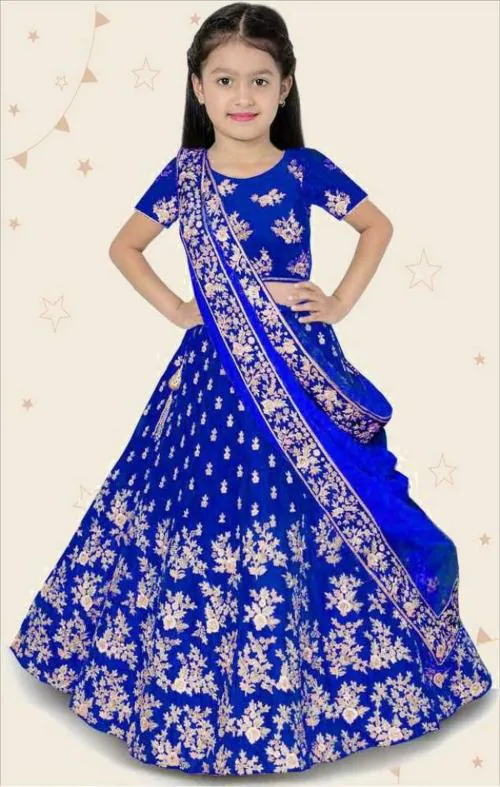Buy DIZVU Girls Blue Embroidered Satin Ghagra, Choli and Dupatta Set 7 ...