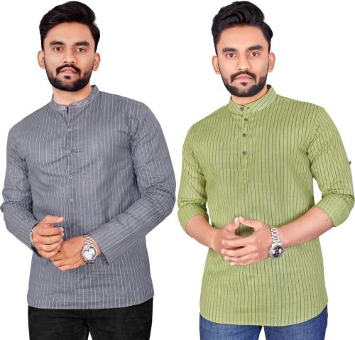 Buy Allan Peter Men Grey and Green Striped Pure Cotton Straight Kurta ...