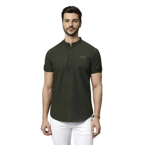 Buy GBS Linen Olive Green Kurta with Chinese Collar, Half Sleeves, Slim ...