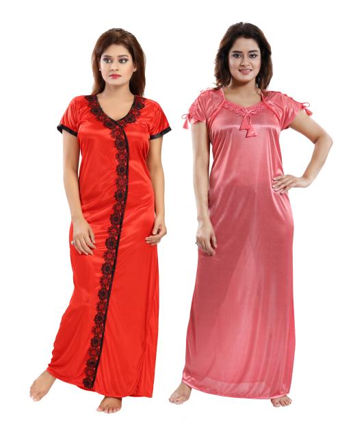 Buy Glam World Women Multicolor Printed Satin Nighty Combo- Free Size ...