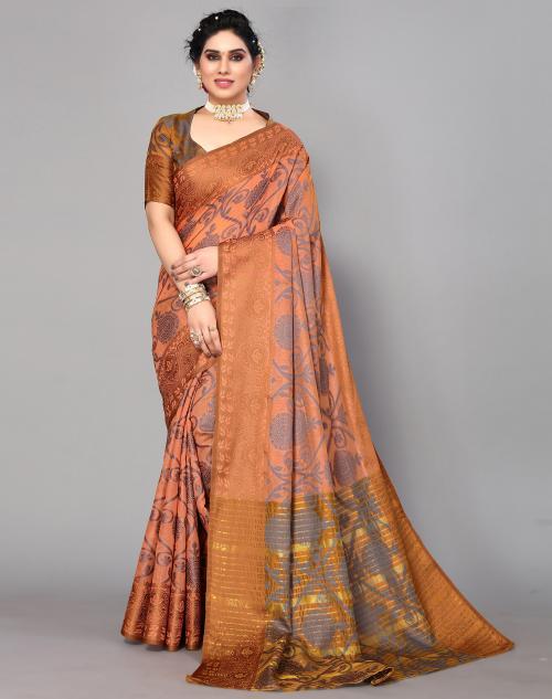 Buy Satrani Silk & Cotton Grey & Orange Color Saree With Blouse Piece ...