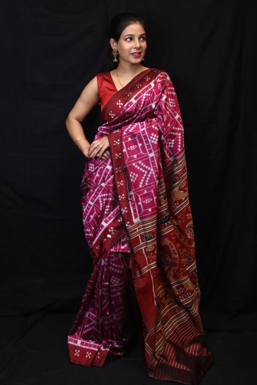 Buy BigRayn Pink Border Pasapali peacock Anchal Odisha Handloom ...