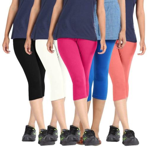 Buy Pixie Store Women Multicolor Solid Cotton Lycra Capris (Pack of 5) Online at Best Prices in ...
