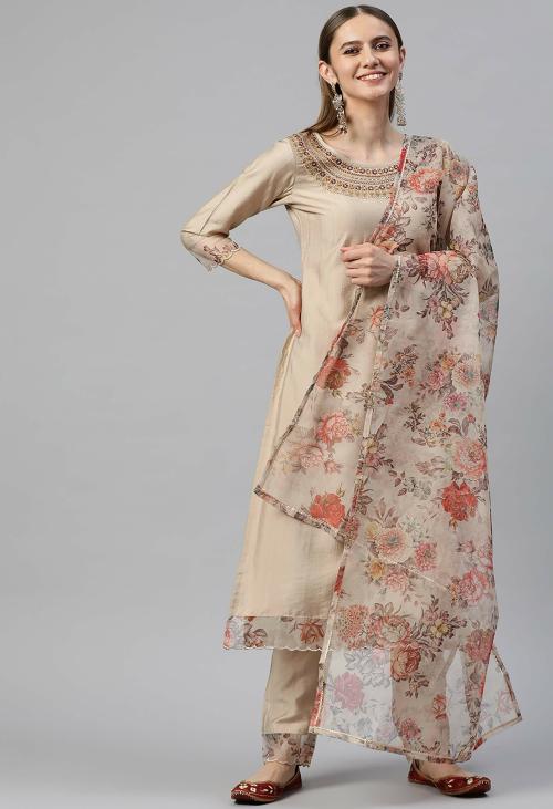 Buy Shewill Women Beige Embellished Viscose Rayon Kurta, Pant And Dupatta Set (M) Online at Best ...