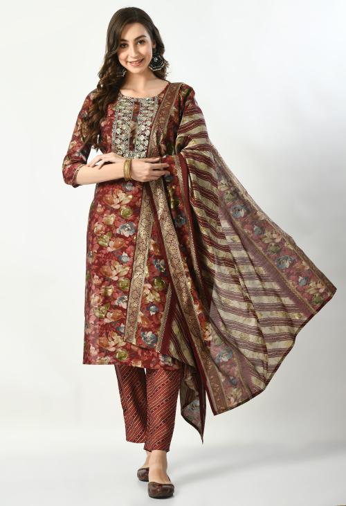 Buy S MAJIDA Brown Floral Printed Kurta Set for Women with Dupatta ...