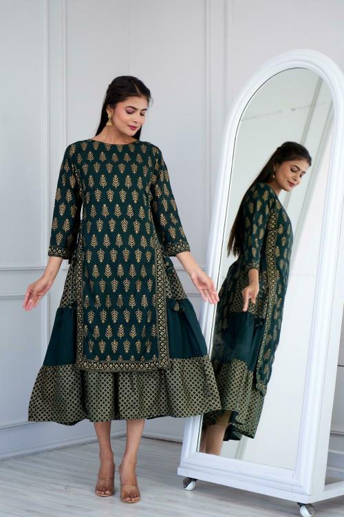 Buy Sa Rasa Women Dark Green and Gold Printed Viscose Rayon Flared ...