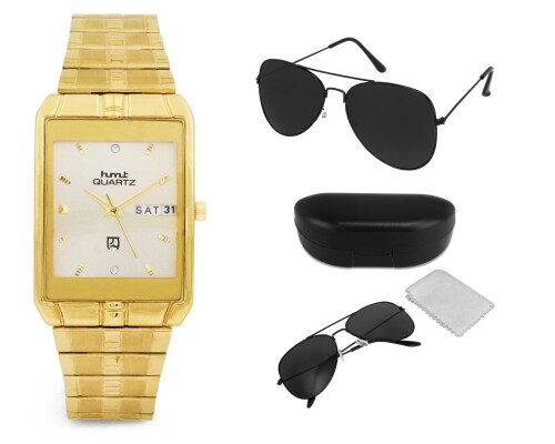 Buy HMTO Original Gold Plated Day & Date Watch with Black Aviator ...