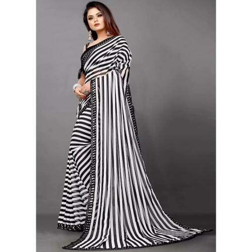 Buy Marabout Women's Beautiful Black Colour Stripped Pure Georgette ...