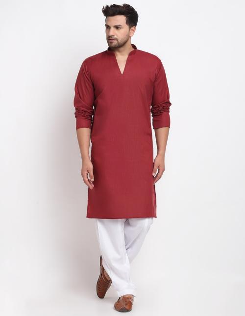 Buy Benstoke Men's Maroon & White Cotton Pathani Kurta With Salwar Set ...