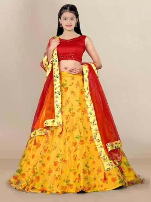 Buy Piludi Girls Yellow Embroidered Art Silk Lehenga & Choli | Girls ...