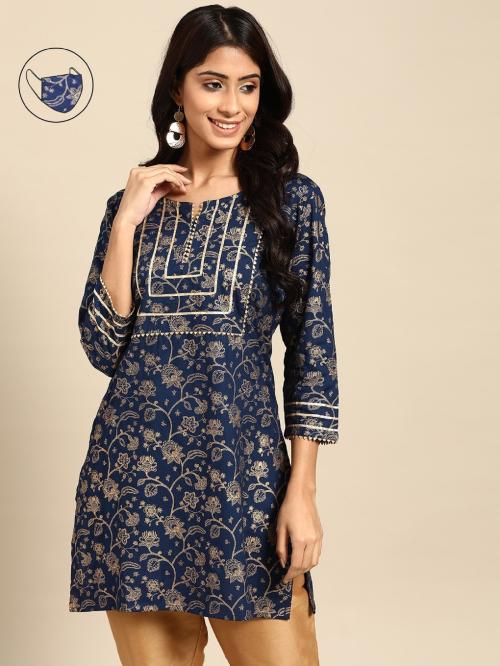 Buy Rangmayee Women Blue & Gold Foil Sanganeri Block Print & Gotta ...