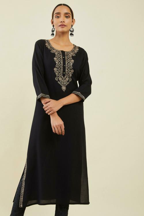 Buy SOCH Women Black Embroidered Single Kurta (XL) Online at Best ...