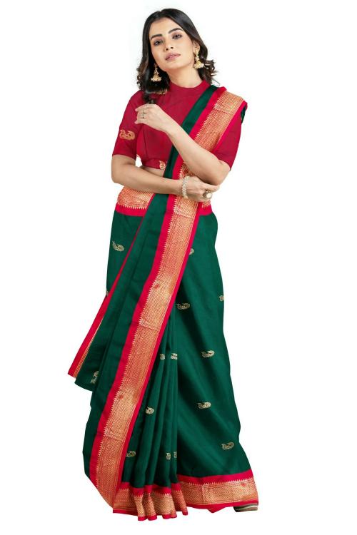 Buy SWIFFIN Designer Cotton Silk Paithani Green-Red Saree For Women ...