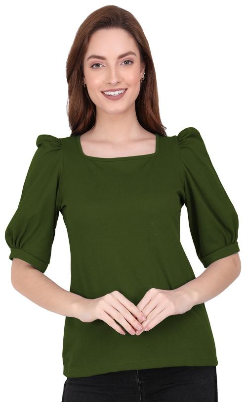 Buy THE BLAZZE Women's Army Green Solid Square Neck Puff Sleeve Top ...