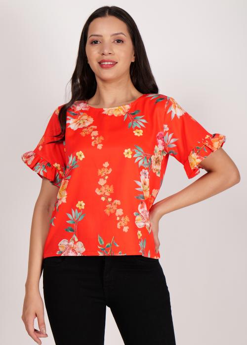 Buy Frolic Rolic Red Round Floral Flared Sleeve Viscose Rayon Regular ...