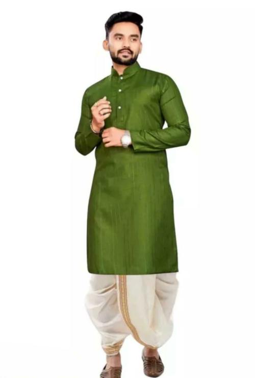 Buy SONBAI Men Cotton Kurta with Silk Dhoti, Zari Mehendi-(XS) Online ...