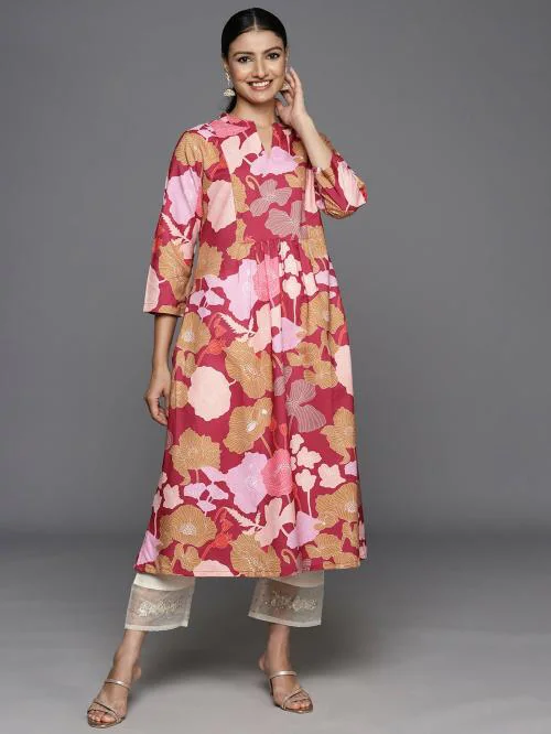 Buy Varanga Women Burgundy Floral Printed Mandarin Collar Straight ...