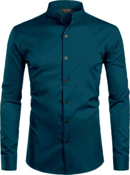 Buy MILDIN Men Slim Fit Solid Mandarin Collar Casual Shirt Blue M ...