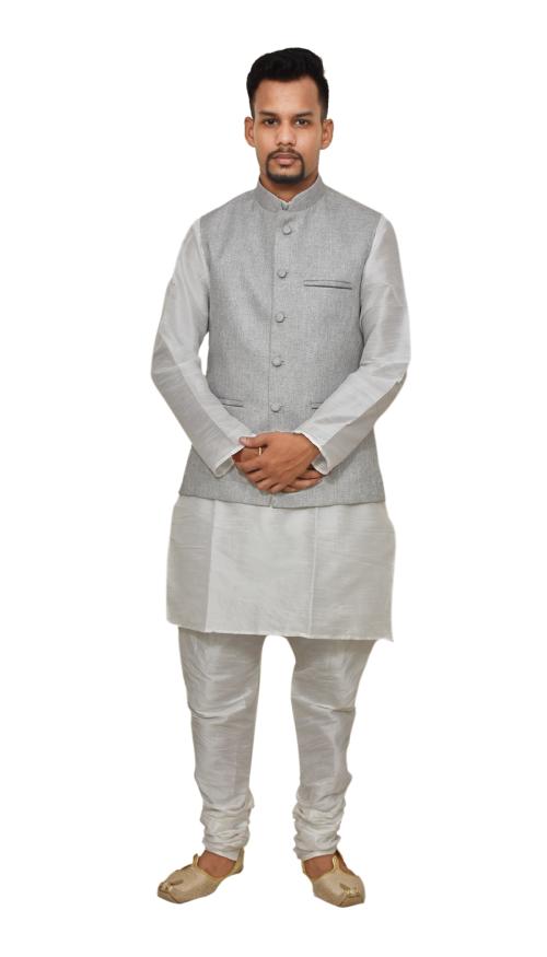 Buy Mag Men's White Matching silk Kurta Churidhar With Gray Joot ...