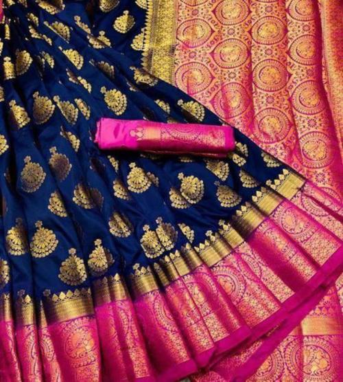 Buy Mansh the stylo..Women Blue Woven Silk Blend Kanjivaram Saree ...