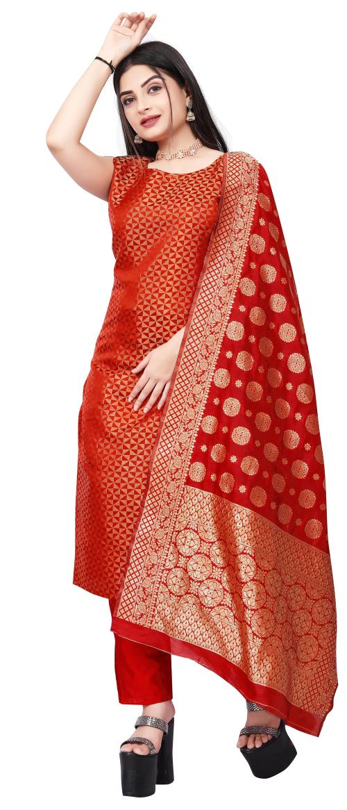Buy Eilara Women's Silk Blend Red Straight Kutra, Pant with Dupatta ...