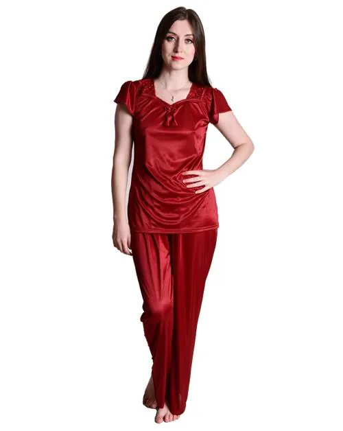 Buy Women Maroon Satin Nightwear Night Suit Top & Pajama Set Online at ...