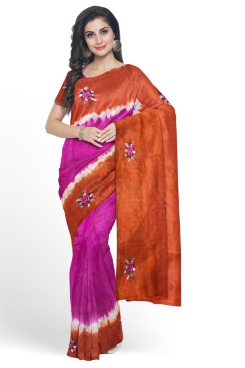 Buy SAMVITA's Pink and Orange Pure Soft Silk Embroidered Saree For ...