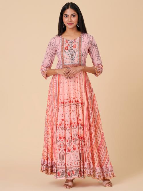 Buy Anora Cotton Peach Botanical All over Print with Sequin design Fit ...