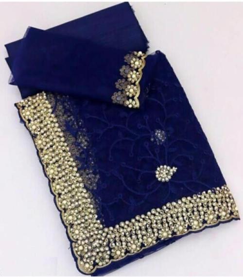 Buy Harmi Fashion Women Dark Blue Embroidered Net Bollywood Saree ...