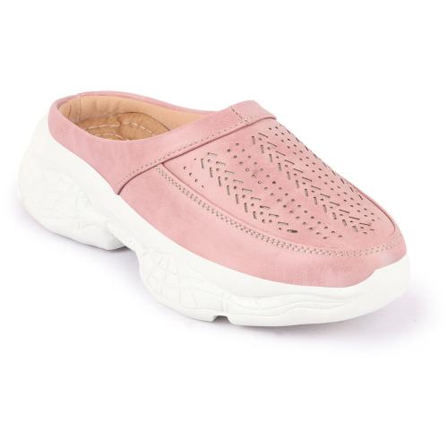 Buy FAUSTO Women Pink Laser Cut Design Stitched Back Open Slip On Mules ...