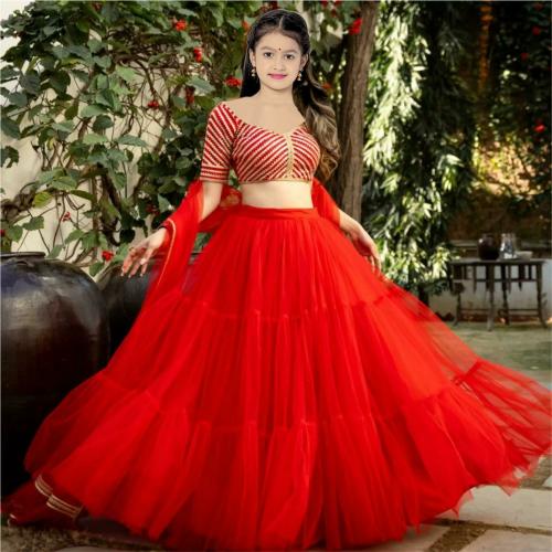 Buy Piludi Girls Red Embroidered Art Silk Lehenga & Choli | Girls ...