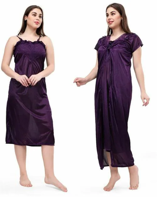 Buy BAILEY SELLS Women Purple Solid Satin Blend Night Dress - Free Size ...