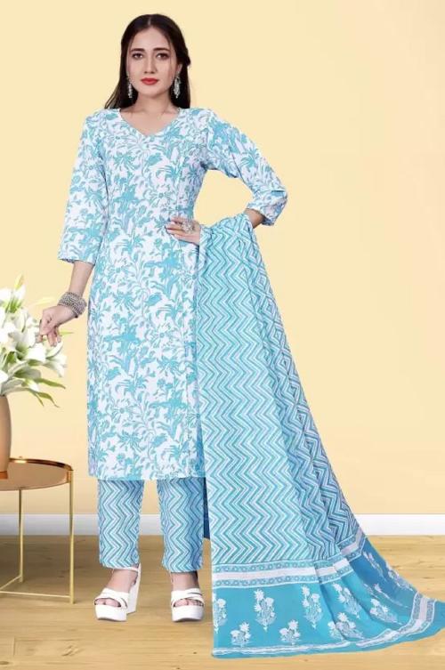 Buy PASIKA Women Pure Cotton Kurti Pant Dupatta Set - Light Blue (XL) Online at Best Prices in ...