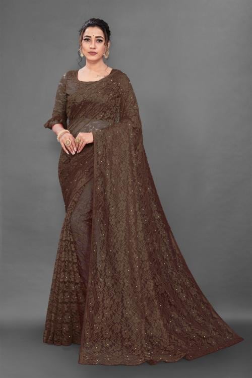 Buy Fashion Field Women Brown Self Design Net Saree with Unstitched ...