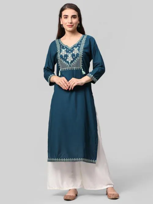 Buy Aaysa Women Embroidered Viscose Rayon Straight Kurta (Blue) Online ...