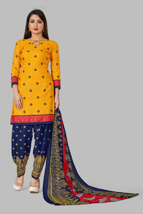 Buy GEE NEXT CREATION BELIEVING IN NEXT Women Yellow Geometric Crepe Single Unstitched Dress ...