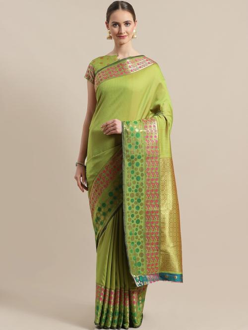 Buy AKSHARAM Women Green Woven Silk Blend Kanjivaram Saree Online at ...