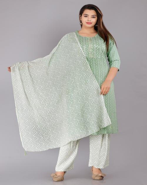 Buy Aizza Trends Women's Sequence Work Printed Straight Kurta Pant With Dupatta Set Green Online ...