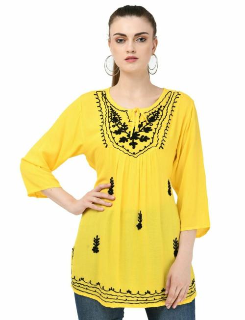 Buy SAAKAA Women's Rayon Yellow Embroidery Top Online at Best Prices in ...