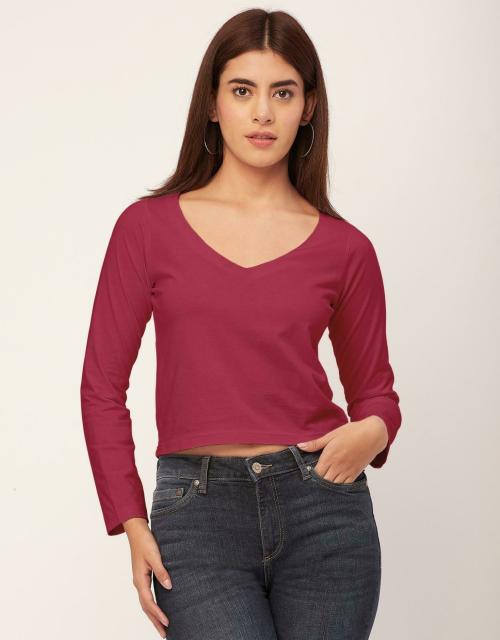 Buy Moomaya Women's Solid Long Sleeves Crop Top, V-Neck Cotton Summer ...
