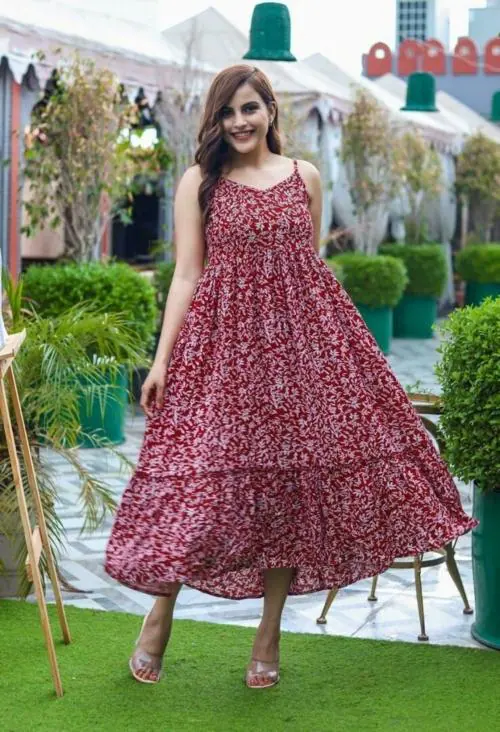 Buy GURRA Women Red Floral Viscose Rayon Layered Dress (M) Online at ...