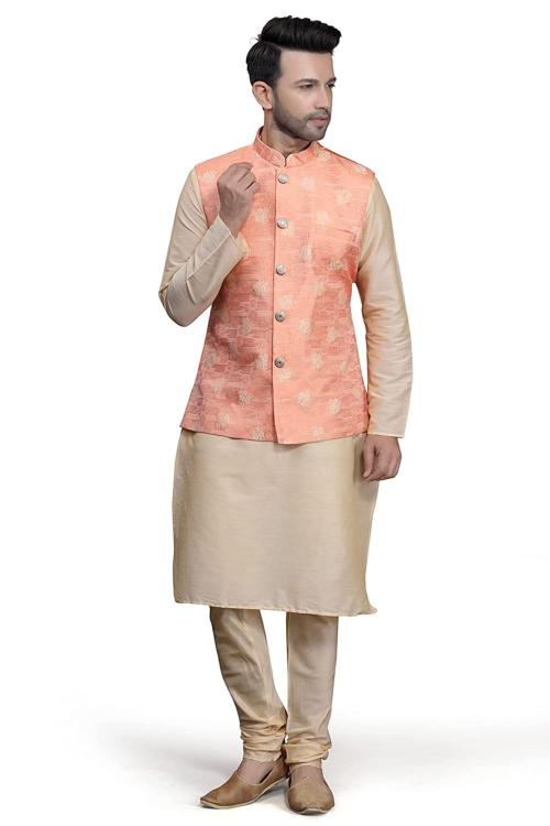 Buy HEORA Mens Multicolor Silk Blend Jacket and Kurta Pyjama Set for ...