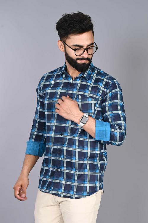 FUBAR Men Navy Blue Firozi Checkered Cotton Blend Shirt, XL - JioMart