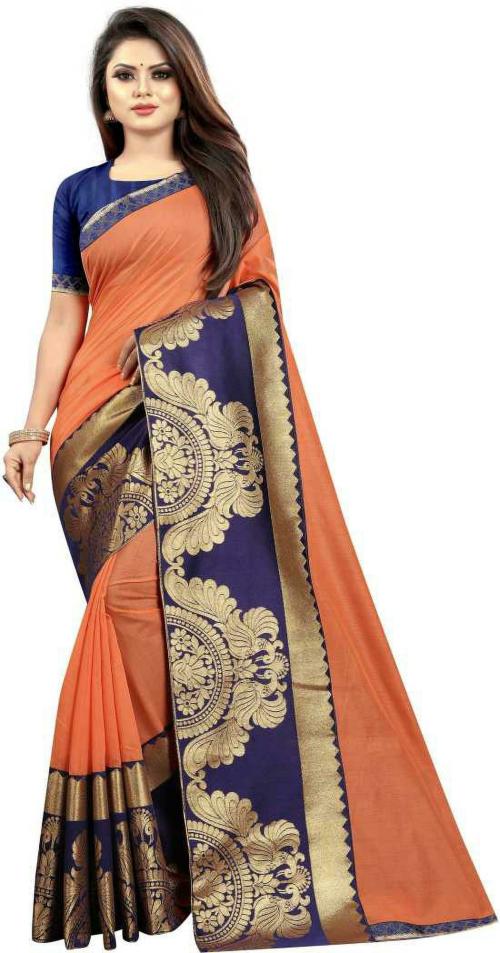 Buy Febo Fashion Women Peach Woven Design Cotton Blend Single Saree ...