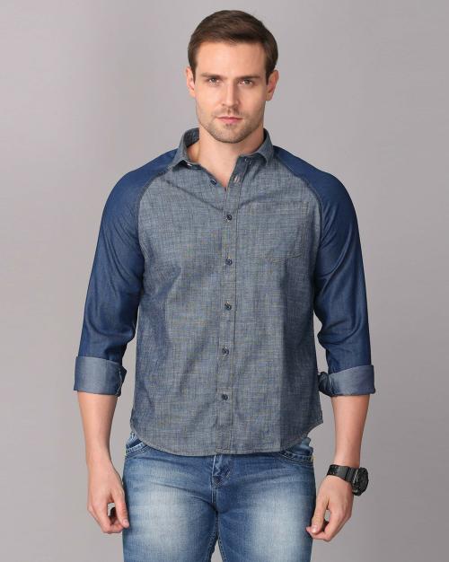 Buy Prototype Men Blue Self Design Cotton Blend Casual Shirt (L) Online ...