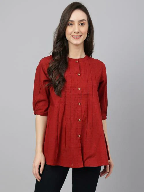 Buy Janasya Women's Maroon Dobby Cotton Solid Flared Top Online at Best ...