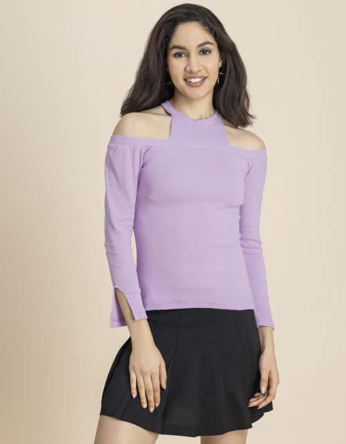Buy Moomaya Casuals, Cold Shoulder Solid Top, Long Sleeves Fitted Knit Tops Online at Best ...