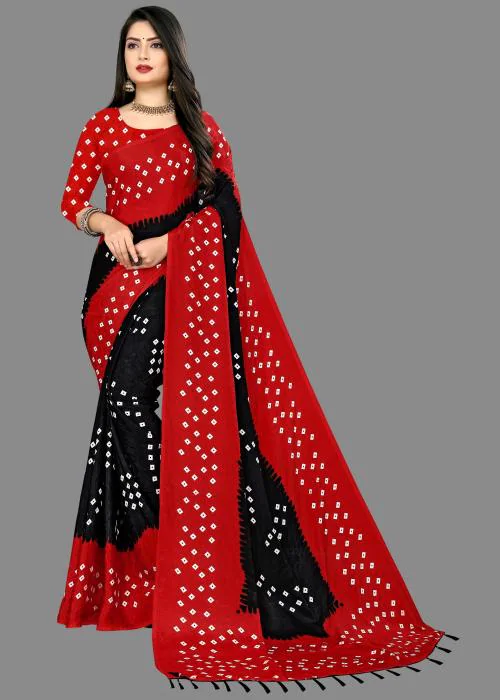 Buy Krivity Women Red, Black Geometric Print Silk Blend Bandhani Saree Online at Best Prices in ...